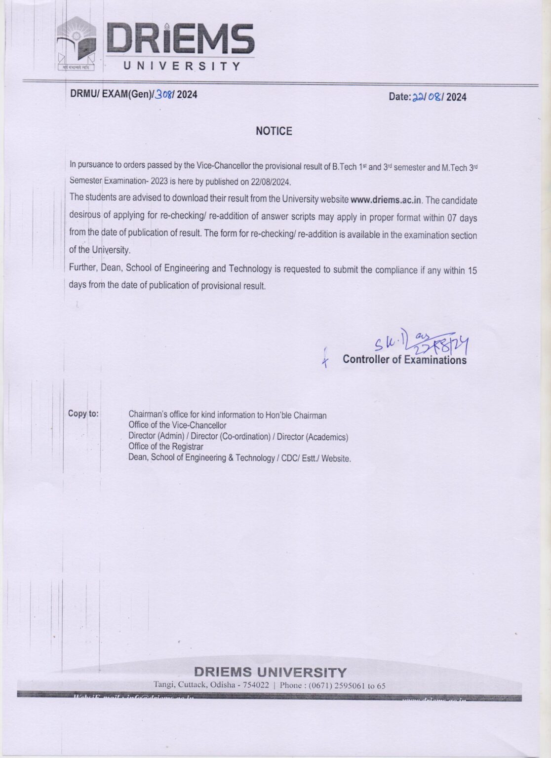 Result Publication Notice of B.Tech 1st & 3rd Semester and M.Tech 3rd ...