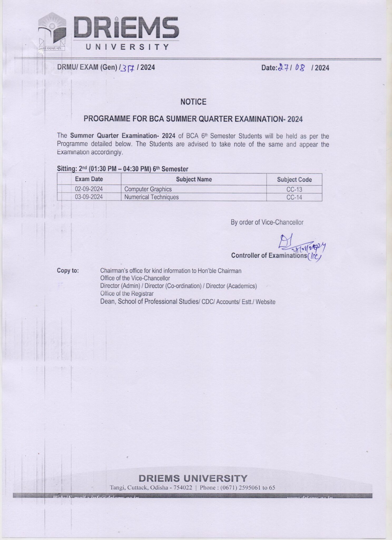 BCA summer quarter examination – DRIEMS University