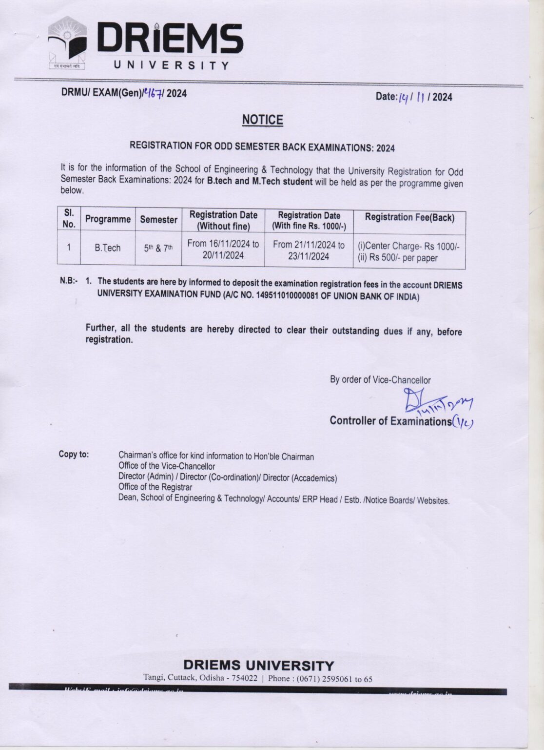 Registration for Odd semester back examination- 2024 (B.Tech 5th and 7th sem) – DRIEMS University