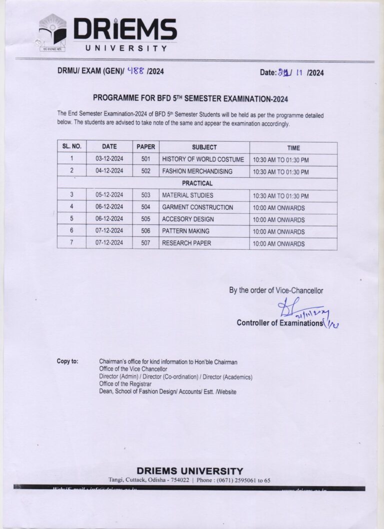 Examination programme for BFD 4th & 5th semester – DRIEMS University