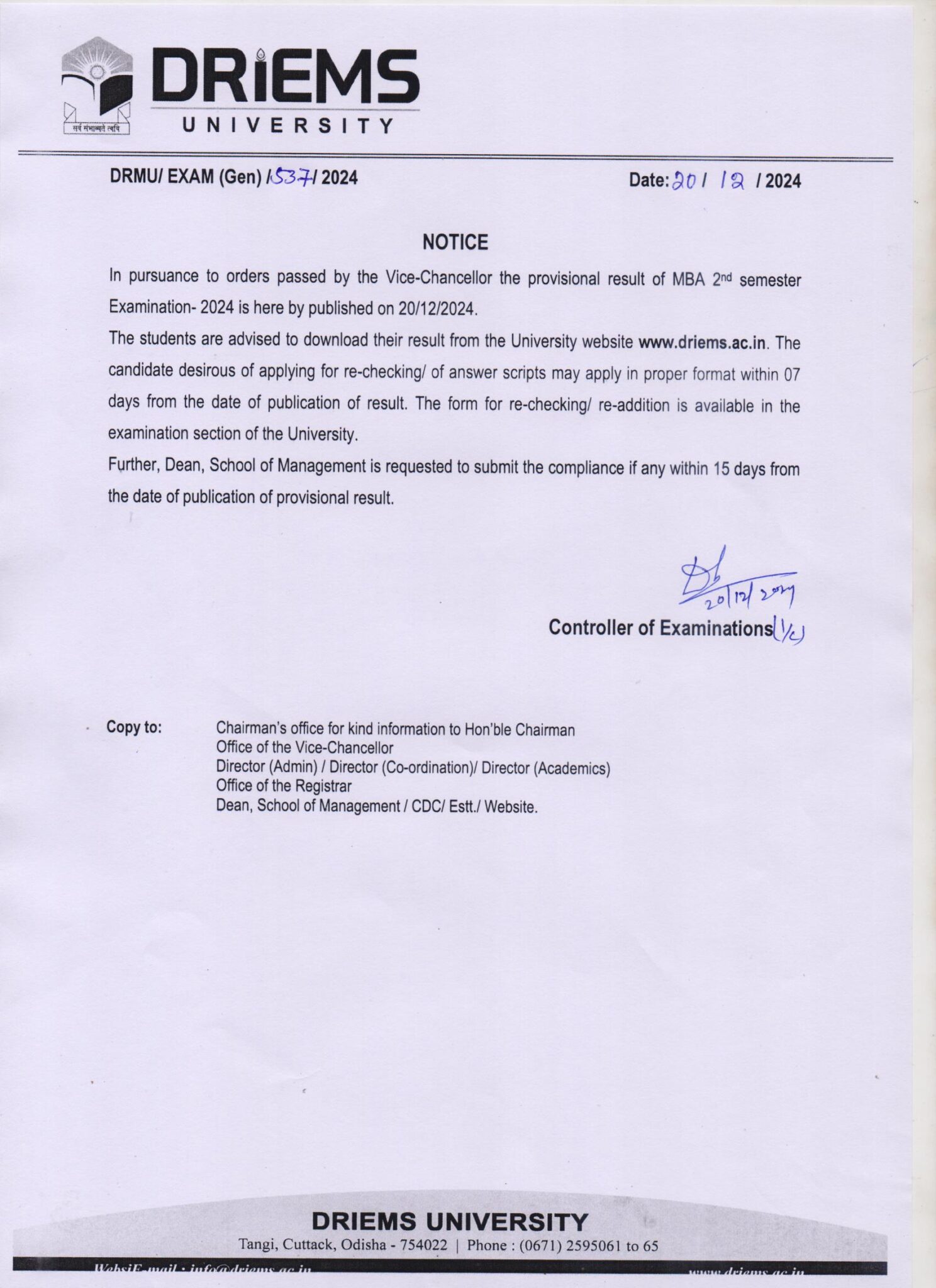 RESULT PUBLICATION NOTICE OF MBA 2ND SEMESTER EXAMINATION- 2024 ...