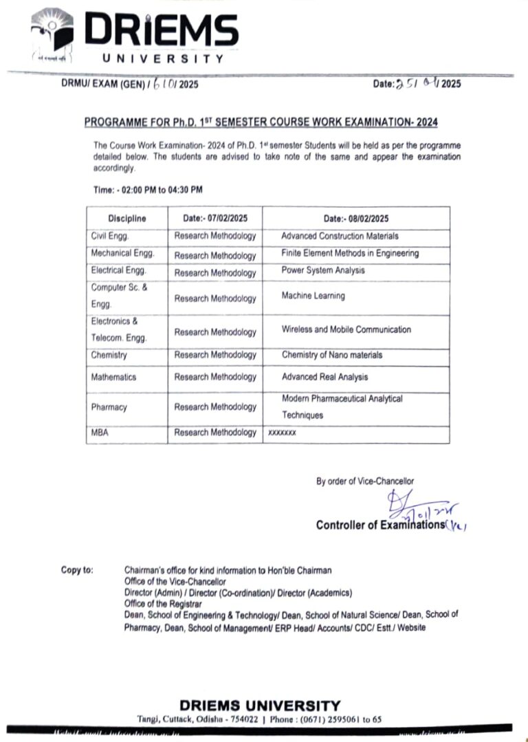 Programme for Ph.D. 1st semester course work examination- 2024 – DRIEMS ...