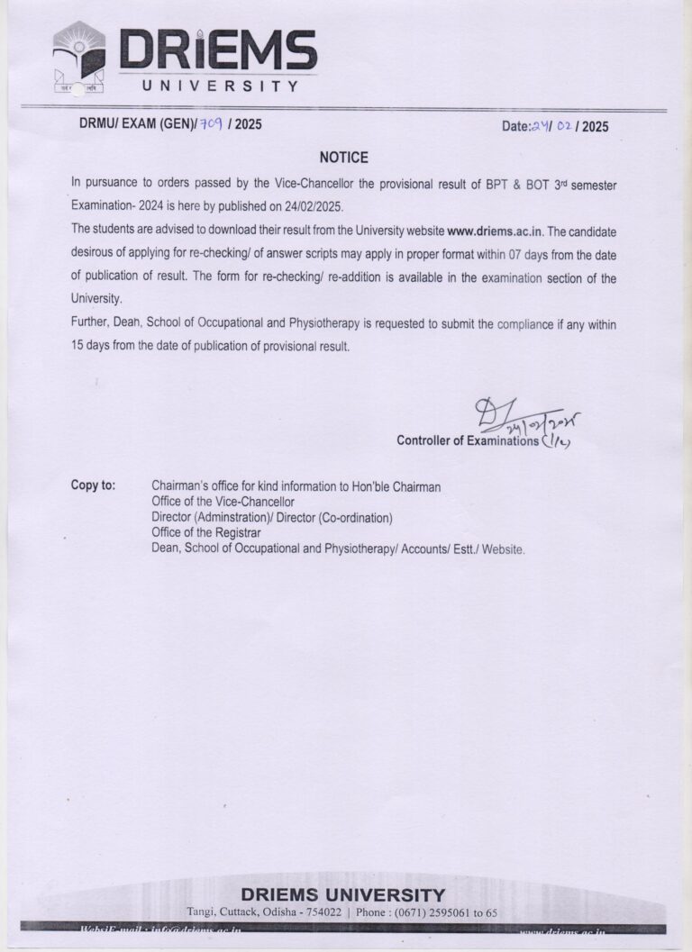 RESULT PUBLICATION NOTICE OF BPT AND BOT 3RD SEMESTER EXAMINATION 2024 ...