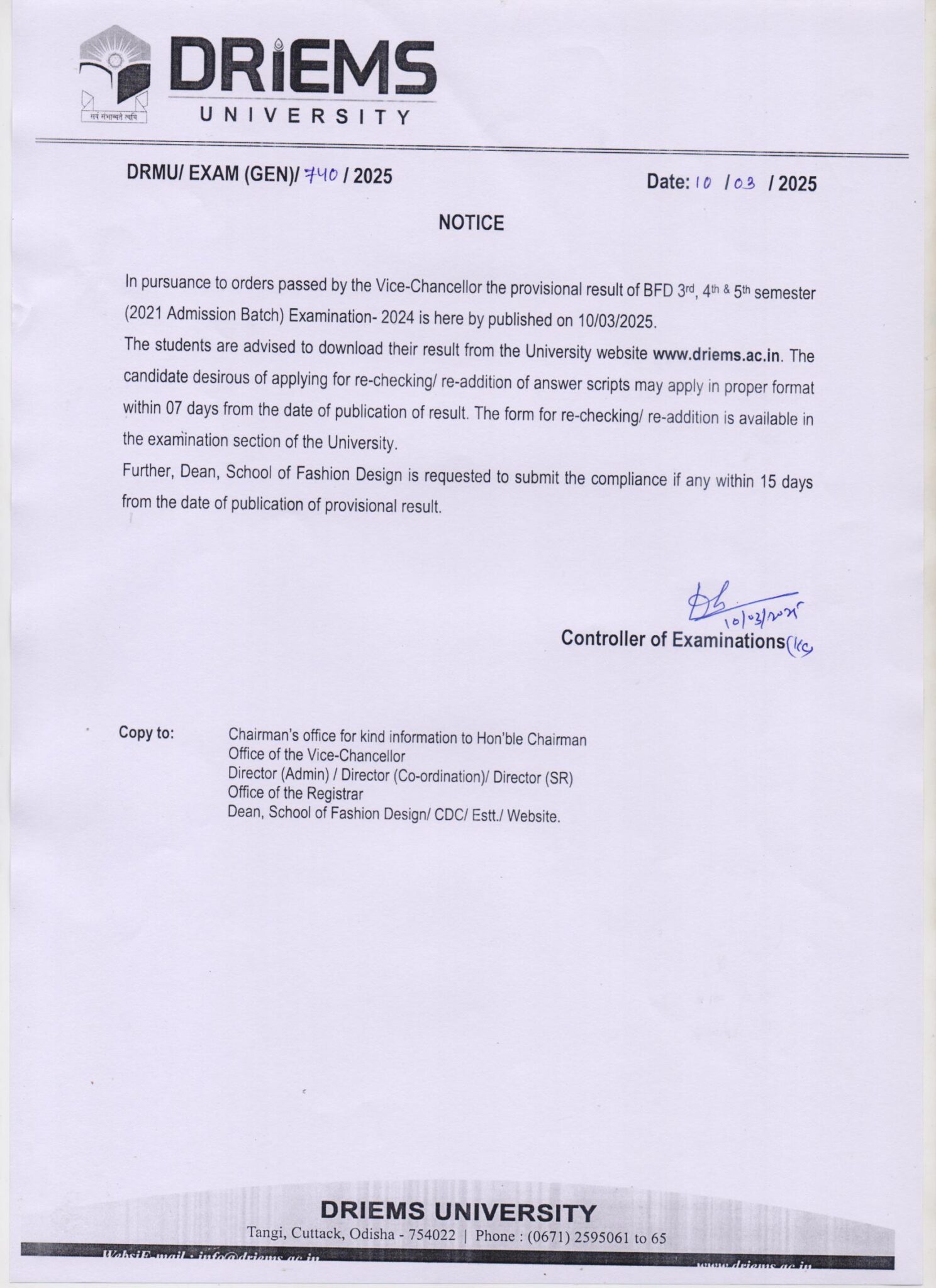 RESULT PUBLICATION NOTICE OF BFD 3RD, 4TH & 5TH SEMESTER EXAMINATION ...
