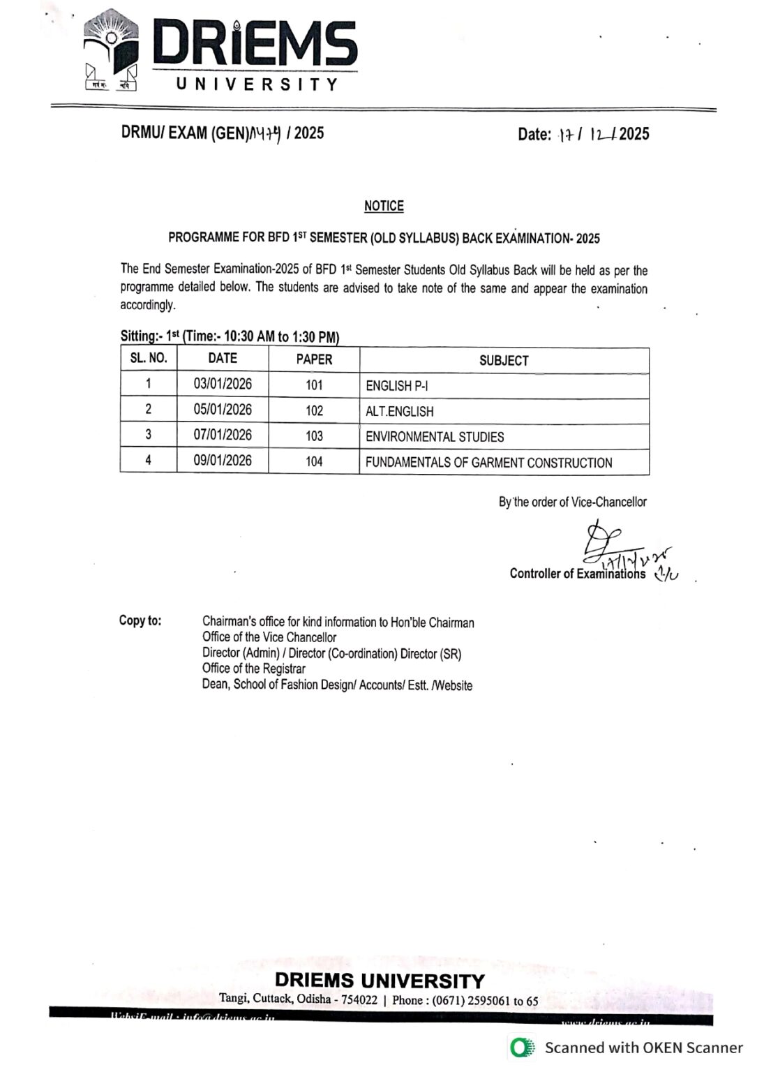 Programme for BFD 1st semester (Old Syllabus) Examination-2025(Back ...