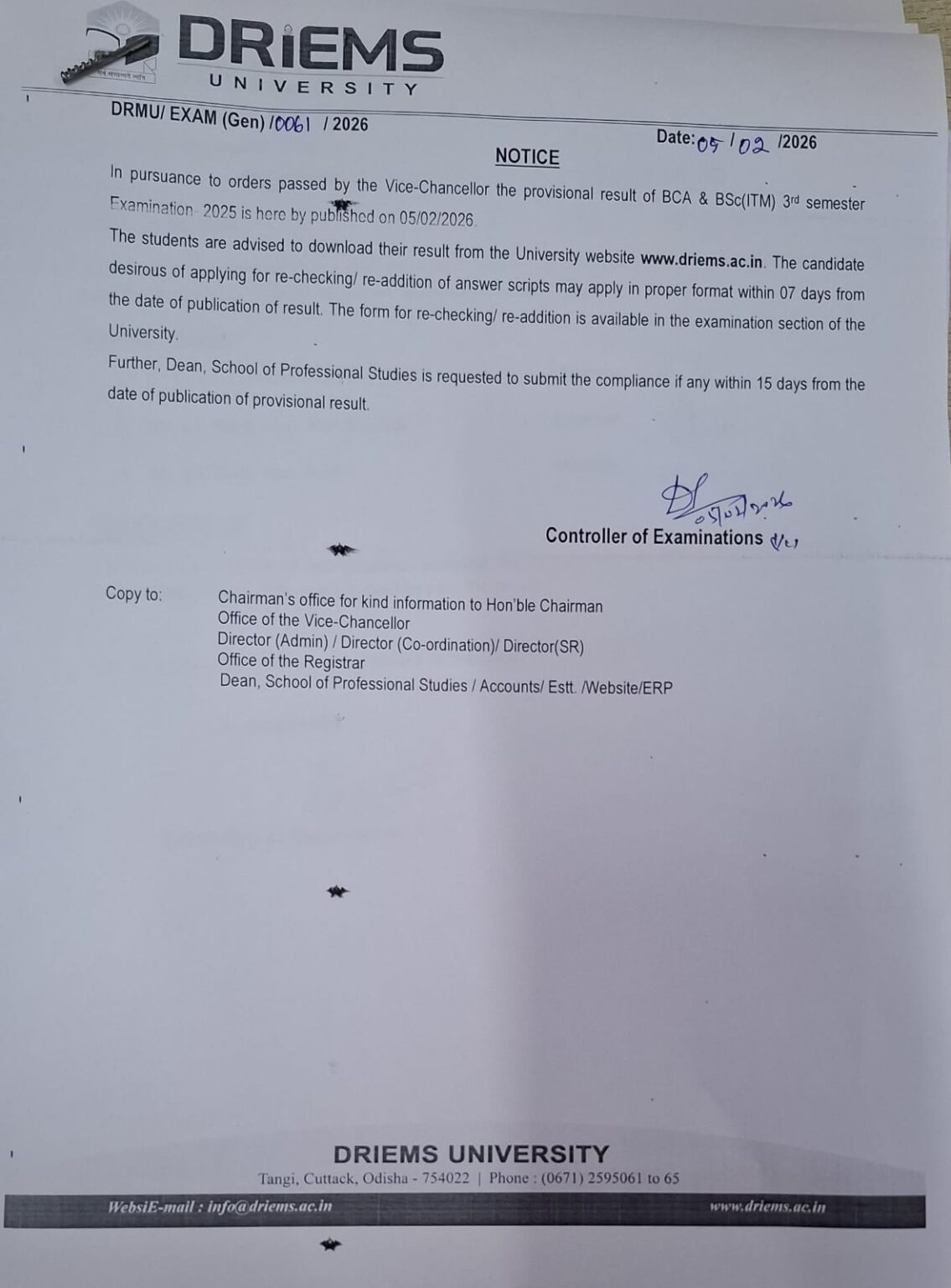 Result Publication Notice of BCA,BSc(ITM) 3rd semester Examination-2025 ...